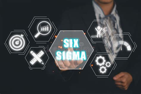 Business Person Hand Touching Six Sigma Icon On Virtual Screen Stock
