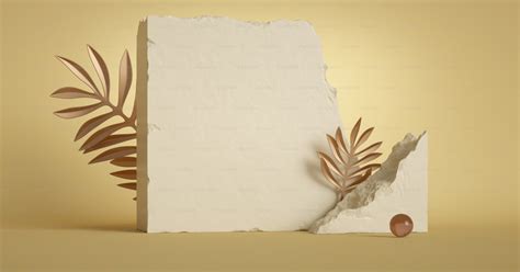 3d 렌더링 깨진 돌 유적과 파스텔 노란색 배경에 격리된 황금 장식 열대 잎이 있는 추상 장면 제품 프레젠테이션을 위한