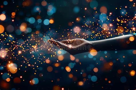 Human And Robotic Hands Reaching Across Glowing Data Streams In Digital