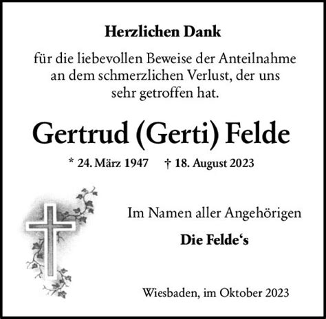 Traueranzeigen Von Gertrud Felde Vrm Trauerde
