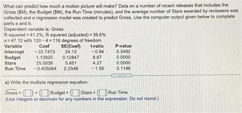 Solved A Write The Multiple Regression Equationb What Is
