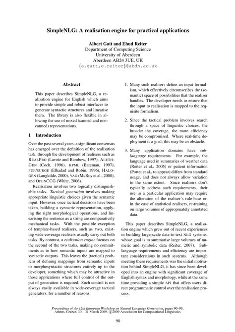 PDF SimpleNLG A Realisation Engine For Practical Applications