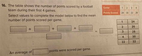 solved 16 the table shows the number of points scored by a football