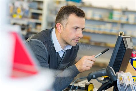Man Using Computer In Hardware Store Stock Image Image Of Tablet Standing 292362855