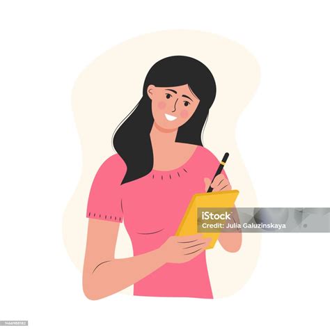 노트북에 쓰는 여자 기자 작가 학생 사업가가 펜으로 메모를 하고 있다 교육 비즈니스 작문 개념 쓰기에 대한 스톡 벡터 아트 및 기타 이미지 Istock