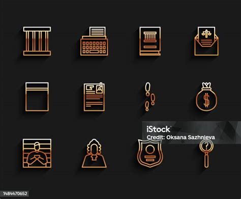 용의자 범죄자 판사 감옥 창 경찰 배지 검색이 있는 돋보기 소송 용지 돈 가방 및 발자국 아이콘을 설정합니다 벡터 가방에 대한 스톡 벡터 아트 및 기타 이미지 Istock