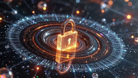 Glowing Padlock In Cosmic Digital Space Vibrant Colors Symbolizing Data Security Stock
