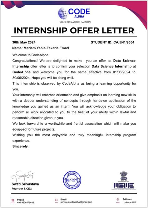 Mariam Zakaria On Linkedin Datascience Internship Codealpha