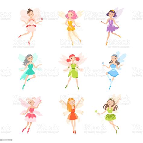 날개 세트와 귀여운 작은 요정 화려한 드레스 만화 스타일 벡터 일러스트에 사랑스러운 날개 엘프 공주 요정 가공의 인물에 대한