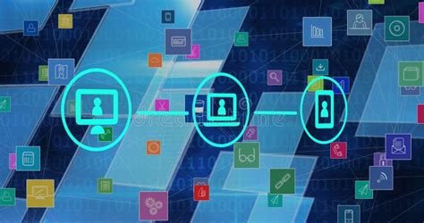 Image Of Digital Icons Over Blue Screens And Binary Coding Stock