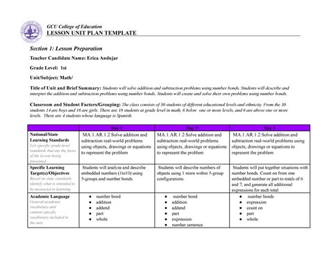 3 Day Unit Plan Template Section 1 Lesson Preparation Teacher