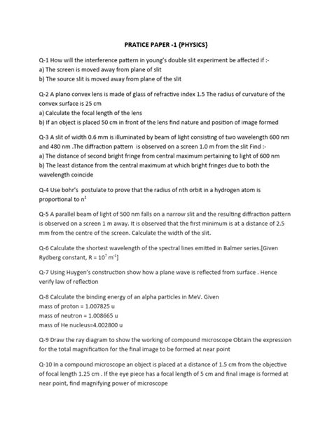 Pratice Exam Paper 1 Download Free Pdf Diffraction Physics