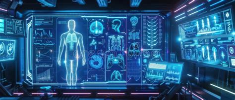 Futuristic Holographic Health Interface With Biometric Sensors Displaying Vital Signs And