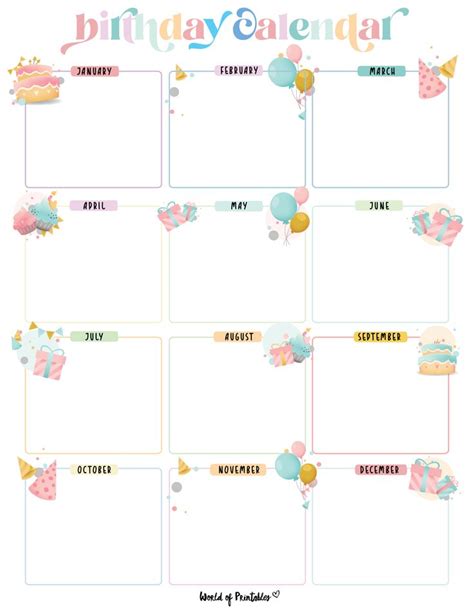 Birthday Calendars World Of Printables 생일 축하 카드 카드 생일