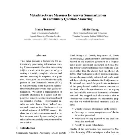 Metadata Aware Measures For Answer Summarization In Community Question