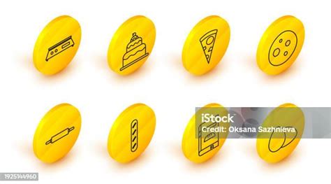 세트 라인 닭고기 달걀 요리책 프렌치 바게트 빵 롤링 핀 초콜릿을 곁들인 쿠키 또는 비스킷 피자 조각 케이크 및 전자 저울