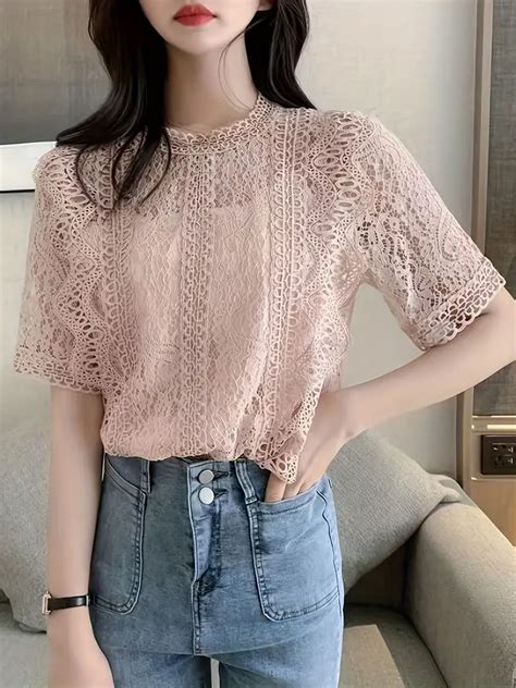 페이즐리 패턴 레이스 블라우스 반팔 중공 여름 캐주얼 탑 여성 의류 Temu Republic Of Korea