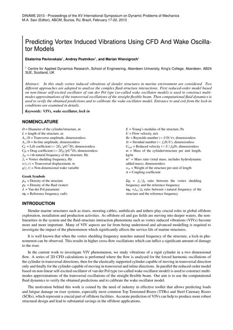 Pdf Predicting Vortex Induced Vibrations Using Cfd And Wake Oscillator Models