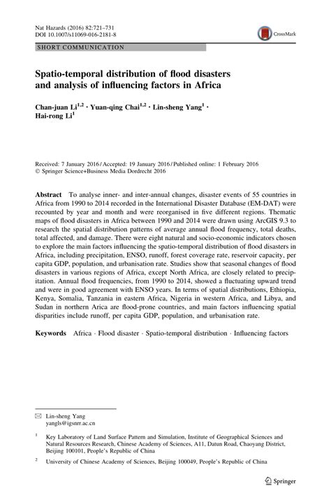 Pdf Spatio Temporal Distribution Of Flood Disasters And Analysis Of Influencing Factors In Africa