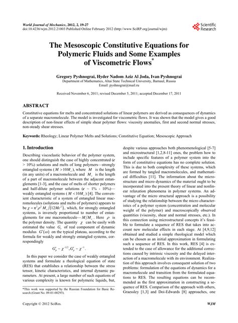Pdf The Mesoscopic Constitutive Equations For Polymeric Fluids And Some Examples Of