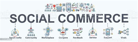 전자 상거래 및 소셜 미디어 마케팅 커뮤니티 플랫폼 피드백 바이러스 및 마켓 플레이스를위한 소셜 커머스 배너 웹 아이콘 플랫 벡터 인포그래픽 연결에 대한 스톡 벡터 아트 및