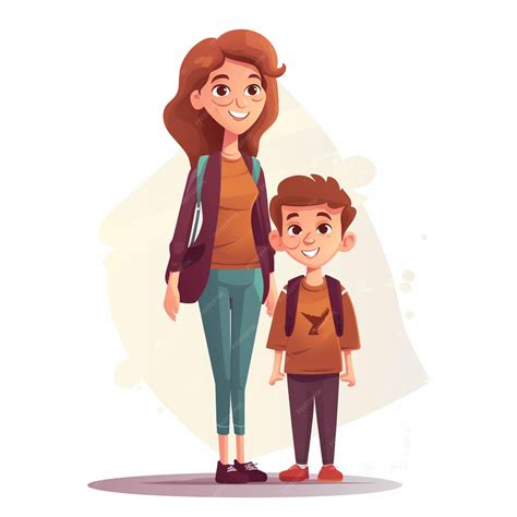 Premium Photo Cartoon Mother And Son Standing Together And Smiling
