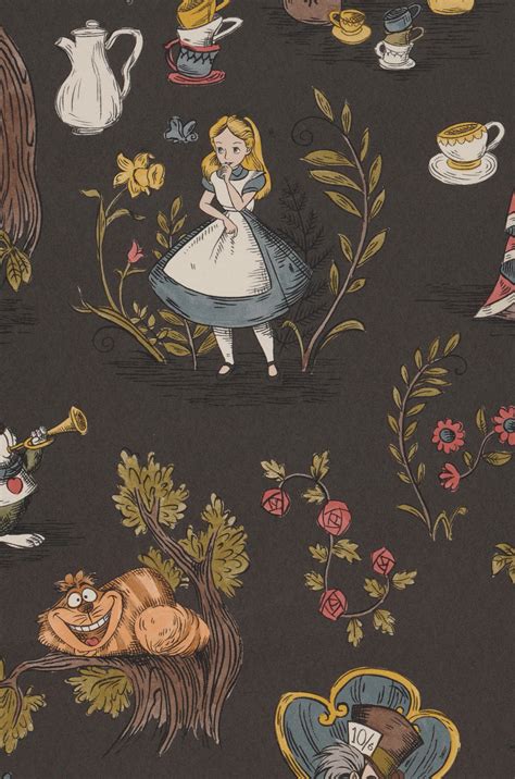 Papier Peint Alice In Wonderland Brun Gris Papier Peint Des Années 70