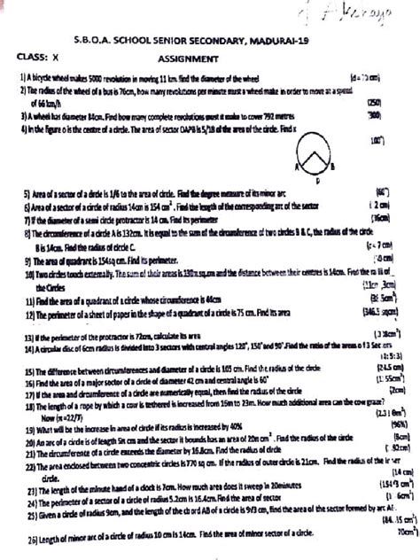 Sboa Cbse Class 10 Worksheet Pdf Circle Area
