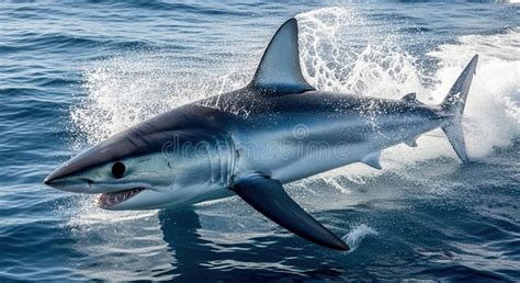 Magnificent Mako Shark Leaping Through Ocean Waves In Sunlight Stock