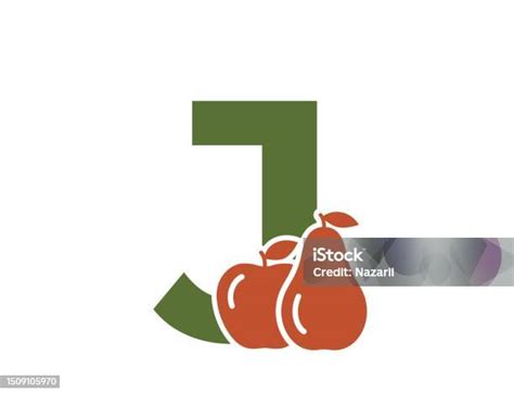 배와 사과를 곁들인 편지 J 과일과 유기농 식품 알파벳 로고타입 기호 원예 및 수확 디자인 계절에 대한 스톡 벡터 아트 및 기타