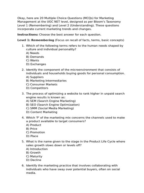 Marketing Questions Pdf Marketing Brand