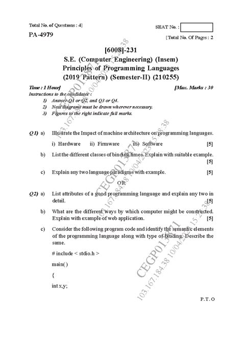Se Comp Principles Of Programming Languages Total No Of Questions 4 Total No Of Pages