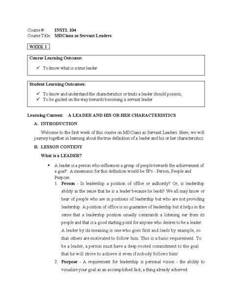 Lesson Module Notes Course Insti Course Title Mdcians As Servant Leaders Week