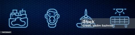 세트 라인 풍력 터빈 난파된 유조선 선박 안면 보호 마스크 및 태양 에너지 패널 벽돌 벽에 빛나는 네온 아이콘 벡터 건강 진단에 대한 스톡 벡터 아트 및 기타 이미지