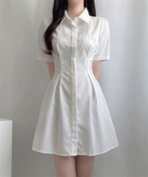 여름ver뒷밴딩 카라넥 어깨 셔링 퍼프 핀턱 셔츠 미니 원피스 에이블리