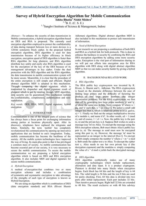 Survey Of Hybrid Encryption Algorithm For Mobile Communication Pdf