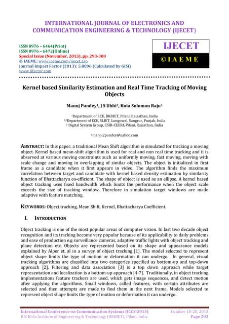 Kernel Based Similarity Estimation And Real Time Tracking Of Moving Pdf
