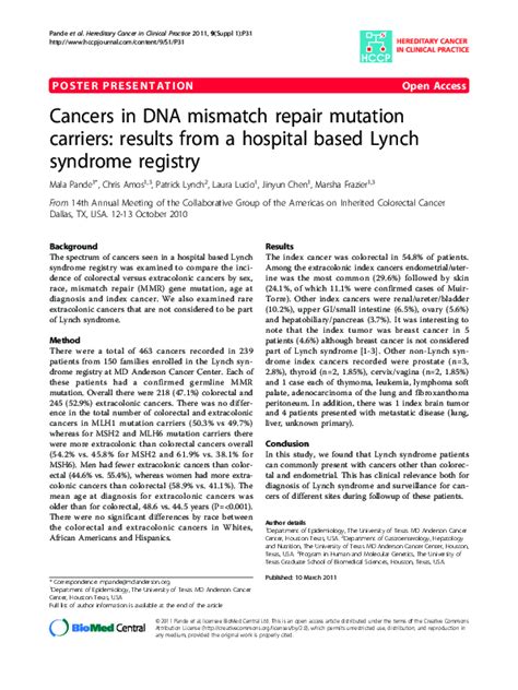 Pdf Cancers In Dna Mismatch Repair Mutation Carriers Results From A Hospital Based Lynch