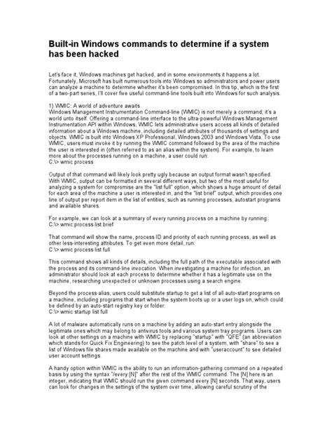 Built In Windows Commands To Determine If A System Has Been Hacked Pdf Windows Registry