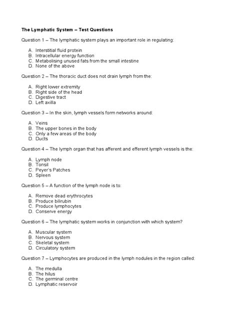The Lymphatic System Test Questions Pdf Lymphatic System Lymph Node