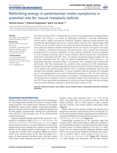 Pdf Rethinking Energy In Parkinsonian Motor Symptoms A Potential Role For Neural Metabolic