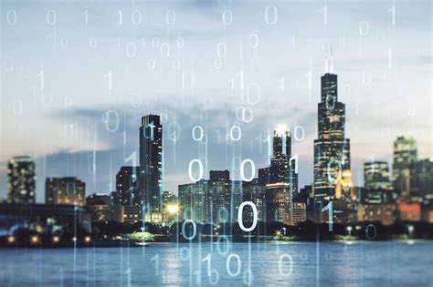 Premium Photo Abstract Virtual Binary Code Illustration On Chicago Skyline Background Big Data