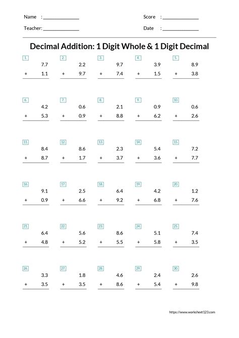 Decimal Addition Worksheet Generator Free Printable