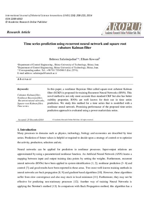 Pdf Time Series Prediction Using Recurrent Neural Network And Square Root Cubature Kalman Filter