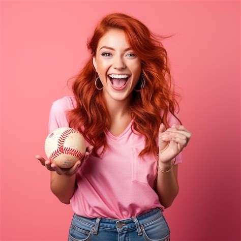Premium Ai Image Photo Of Excited Red Hair Girl Holding A Baseball Ball
