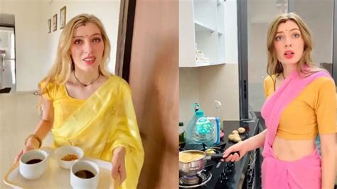 German Woman Turns Desi Wife Prepares Tea In Saree For Indian Husband
