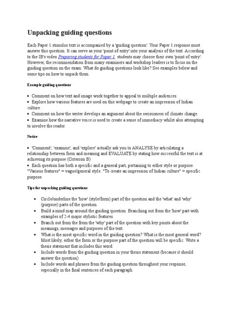 Unpacking Guiding Questions Guiding Texts Pdf Question Human