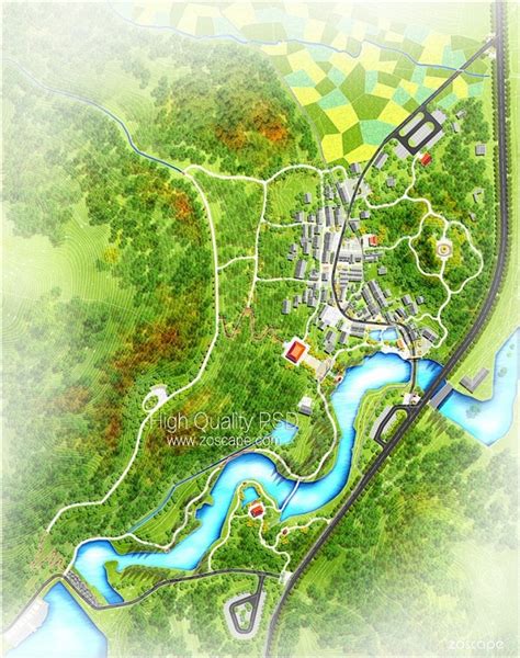乡村休闲旅游度假区 美丽乡村景观规划设计psd平面图psd彩平zoscape 建筑园林景观规划设计网 景观规划意向图