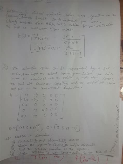 Question 1 Determine A Minimal Realization Using