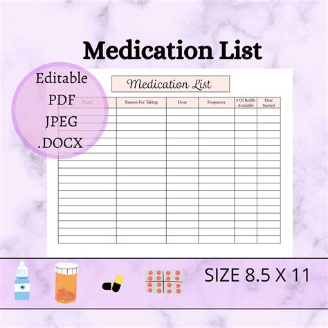 Medication List Editable And Printable Template Pdf  And Etsy